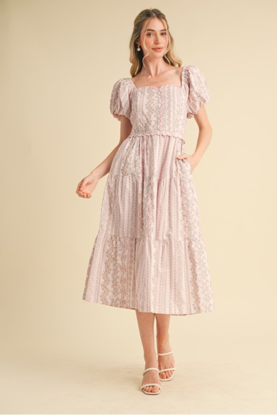 Frolic Through Fields Pink Scallop Midi Dress – The Surcie Shoppe